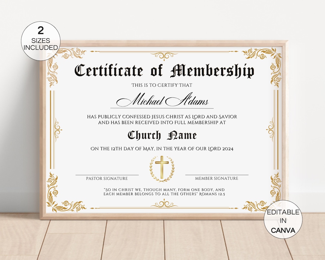 Editable Church Membership Certificate Template, Printable Certificate ...