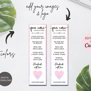 Pen Care Card, Printable Epoxy Pens Instructions Cards, Editable Gel ...