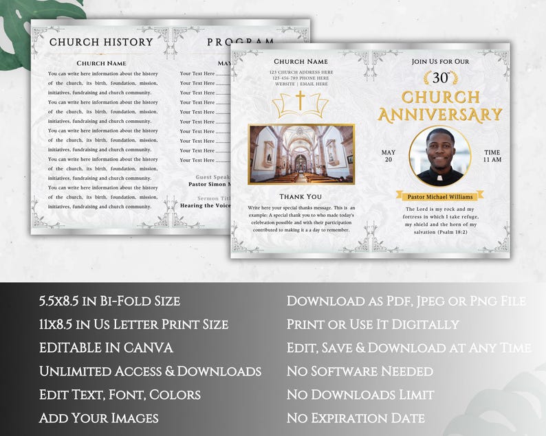 Church Anniversary Program, Editable DIY Church Bulletin Bifold ...