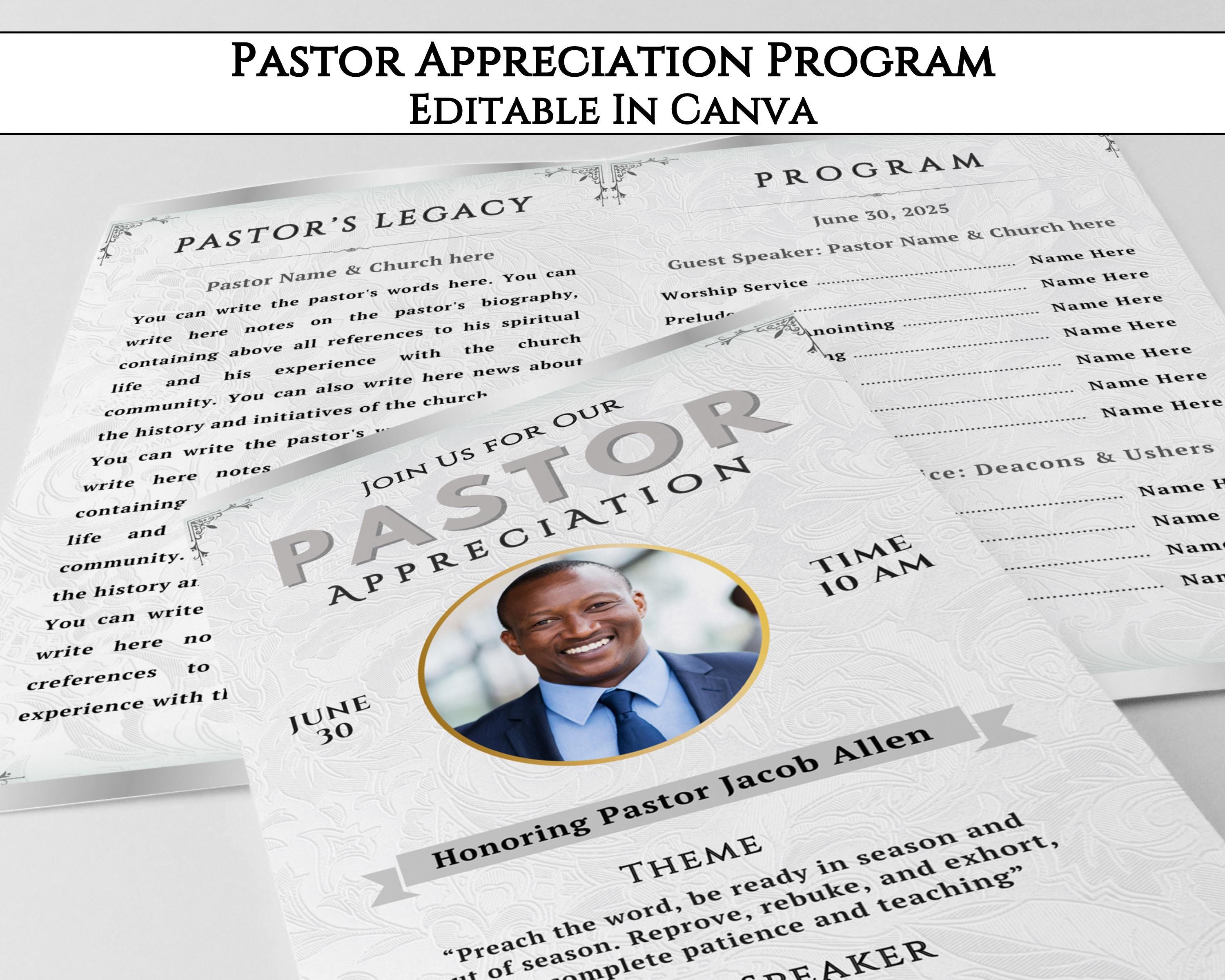 Pastor Appreciation Program Template, Editable Pastor Installation Bifold Brochure, Printable ...