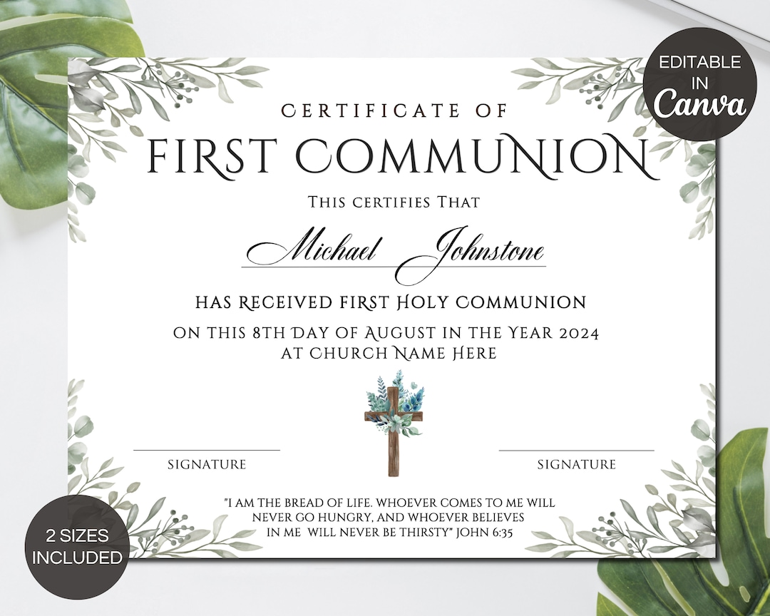 First Communion Certificate Template Editable First Holy - Etsy