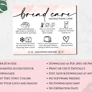 Editable Bread Care Card Template, Printable Fresh Bread Care Guide ...