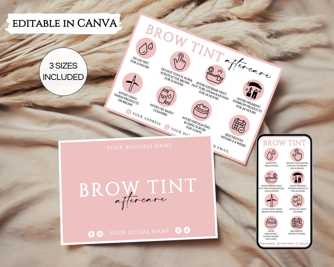 Brow Tint Aftercare Card, Editable Brows Tint Care Card, Printable ...