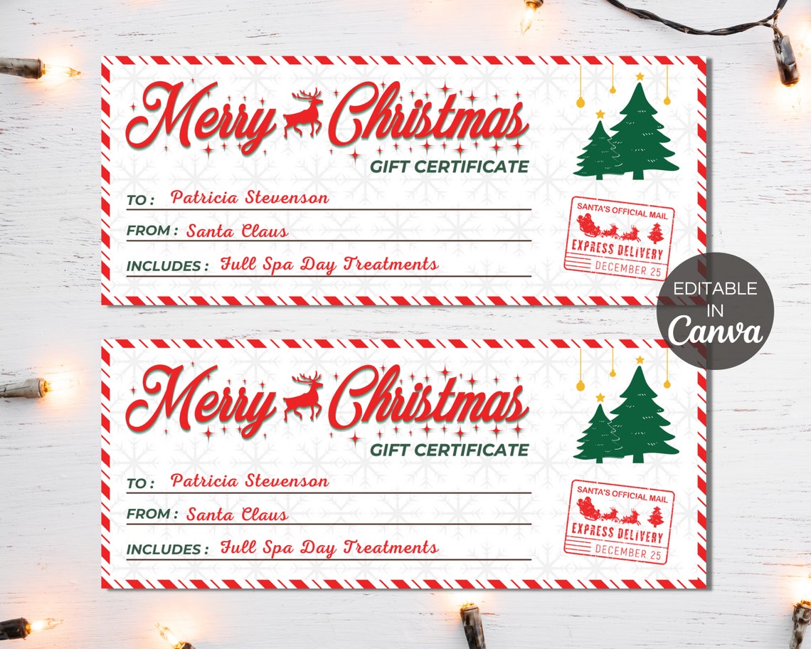 Merry Christmas Gift Certificate Printable Editable Xmas Gift - Etsy