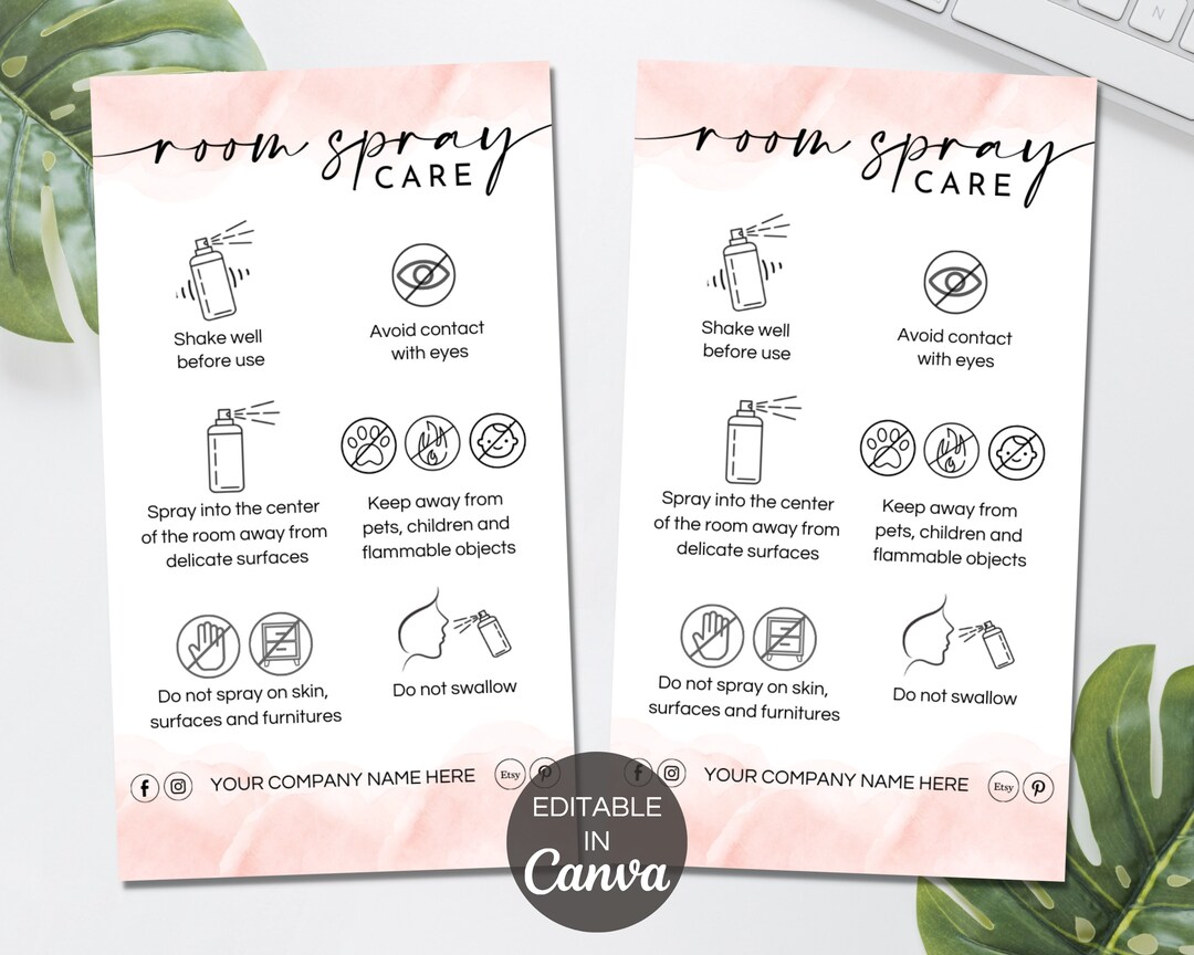 Room Spray Care Card Template, Editable Room Spray Care Instructions ...