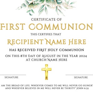 First Communion Certificate, Editable Chirch Template,printable First ...