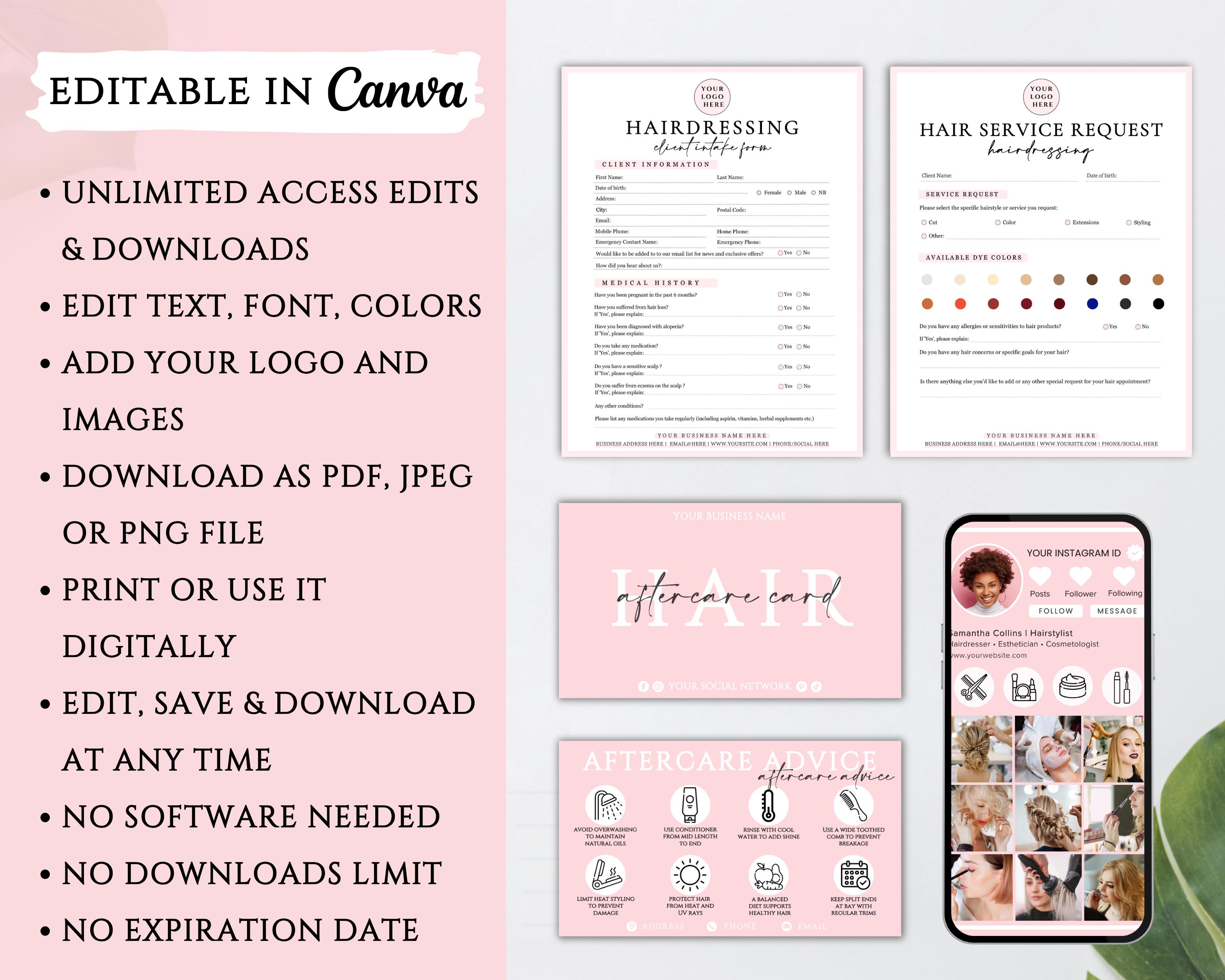 Hairdressing Forms Bundle, Editable Hair Consent Form, Hair Instagram ...