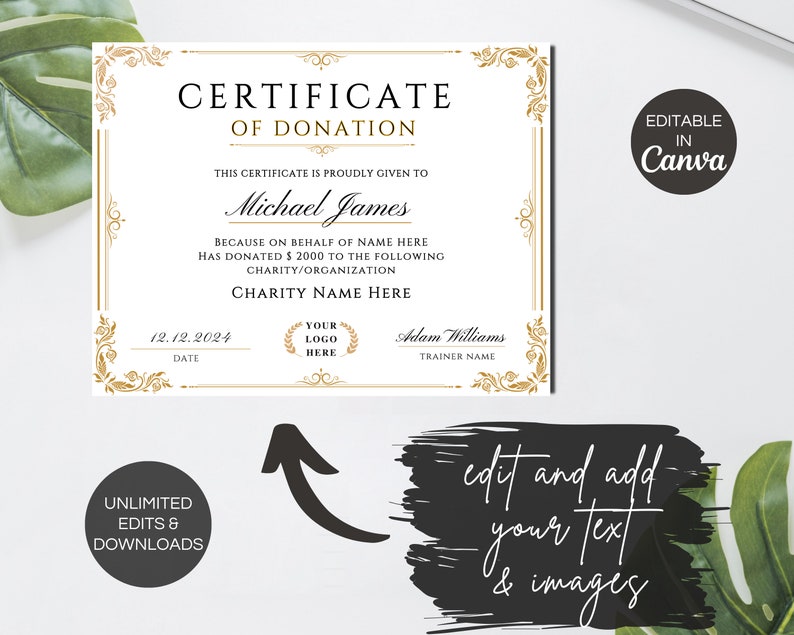 Certificate of Donation Template, Editable Donation Certificate ...