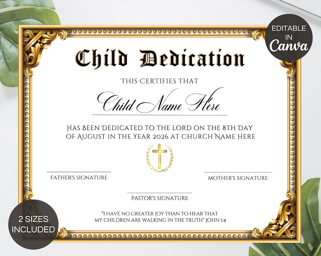 Editable Baby Dedication Certificate, Printable Child Dedication Certificate Template, Baptism ...