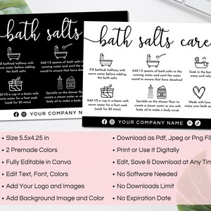 Editable Bath Salts Care Card, Printable Bath Soak Care Guide Template ...
