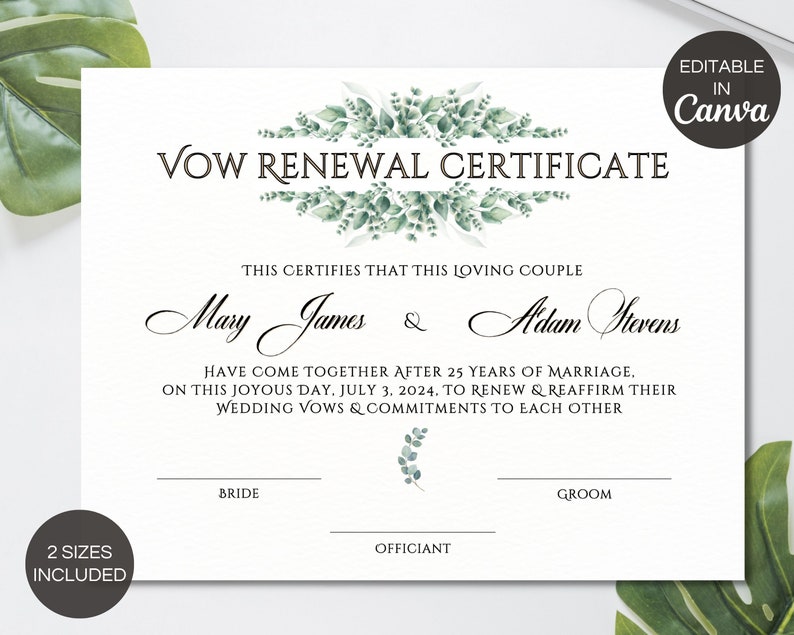 Vow Renewal Certificate Editable Wedding Certificate - Etsy