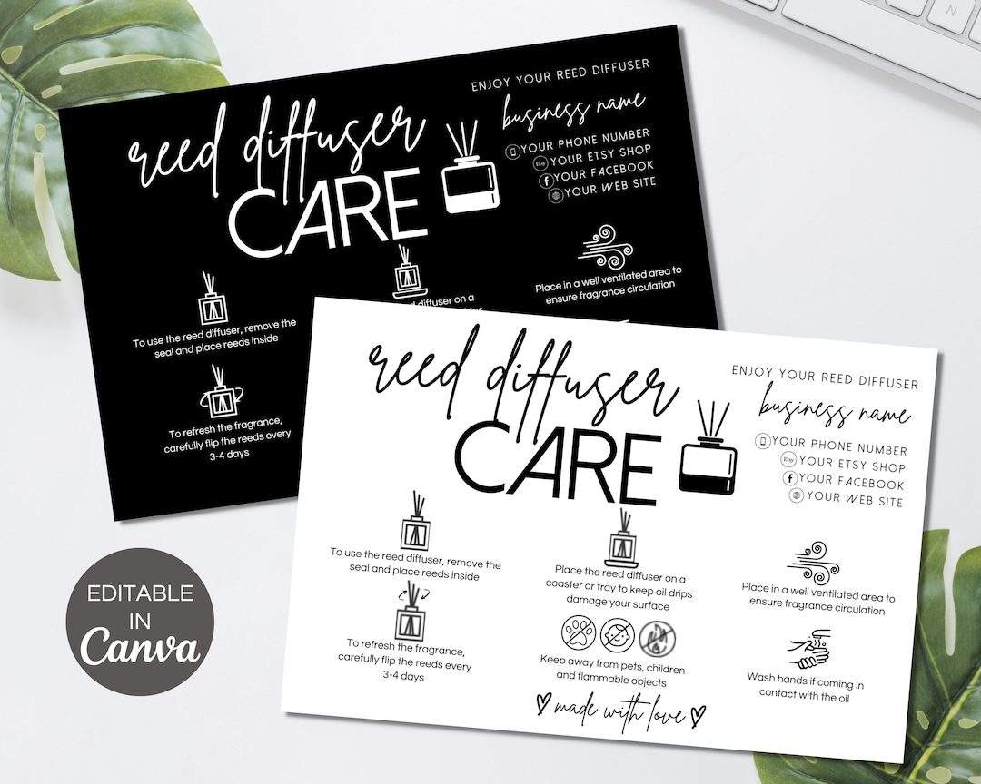 Reed Diffuser Care Card Template, Editable Reed Diffuser Care ...
