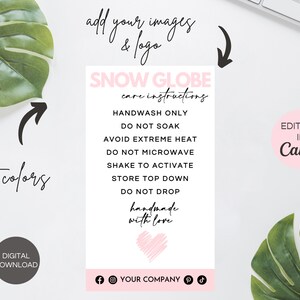 Snow Globe Care Card, Printable Snowglobe Tumbler Care Cards, Editable ...