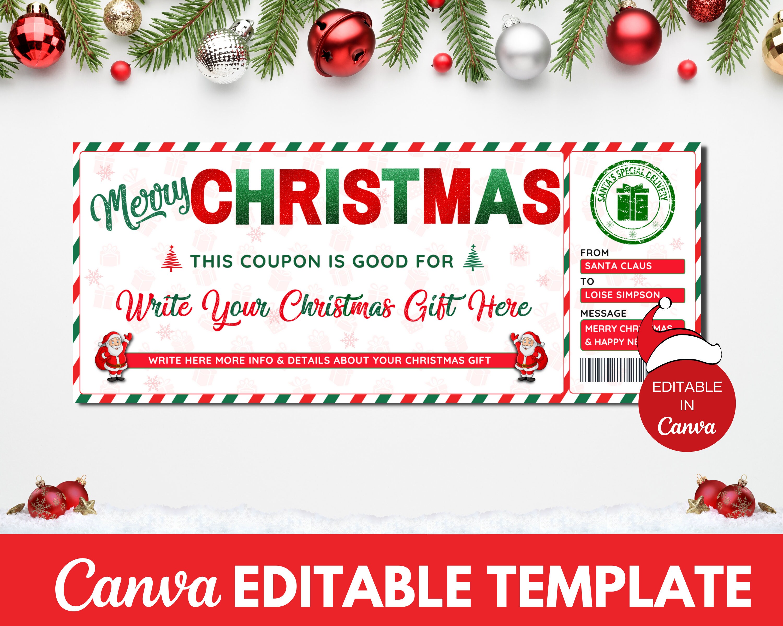 Christmas Gift Coupon Template, Editable Christmas Gift Certificate ...