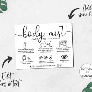 Body Mist Care Card Template, Editable Body Spray Care Instructions ...
