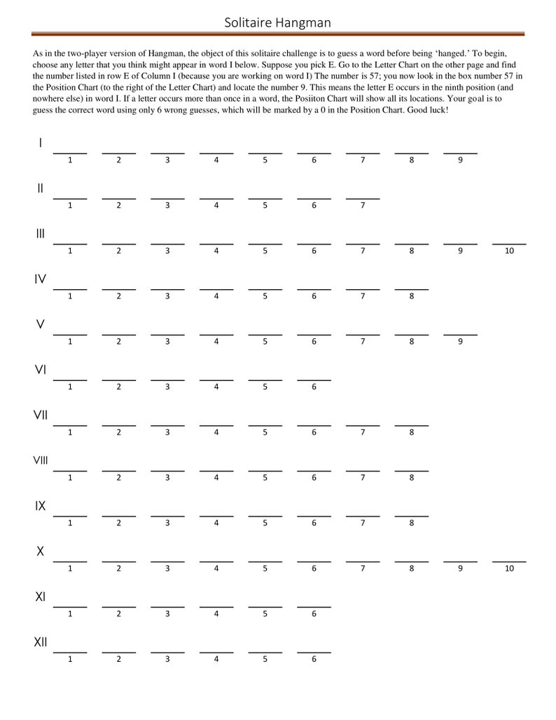 Solitaire Hangman | Play Alone | Instant Download | Printable Puzzle ...