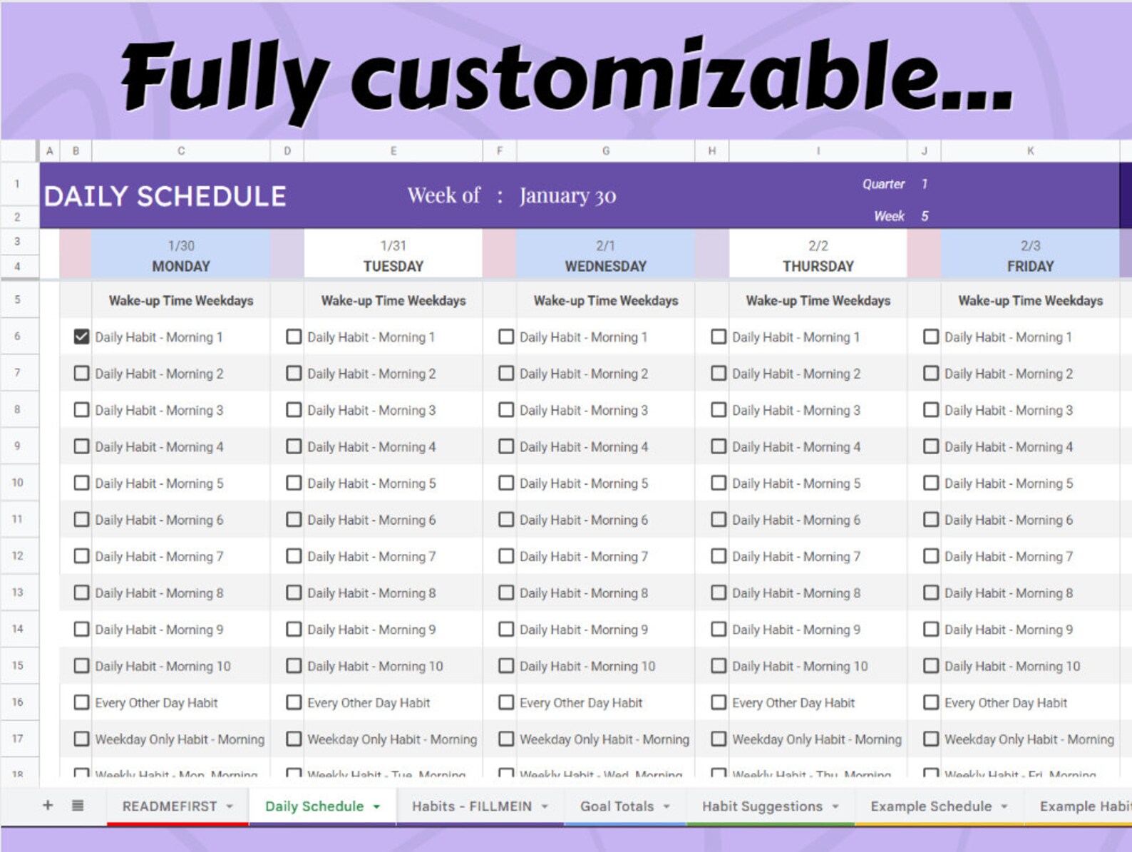 100 Habits Template for Google Sheets | Daily Tracker & Schedule ...