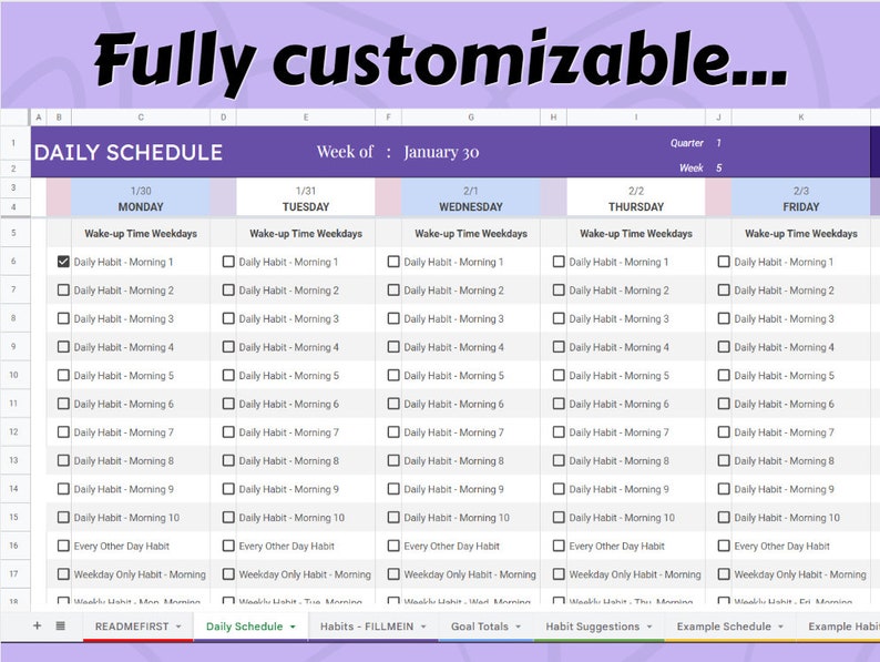 100 Habits Template for Google Sheets | Daily Tracker & Schedule ...