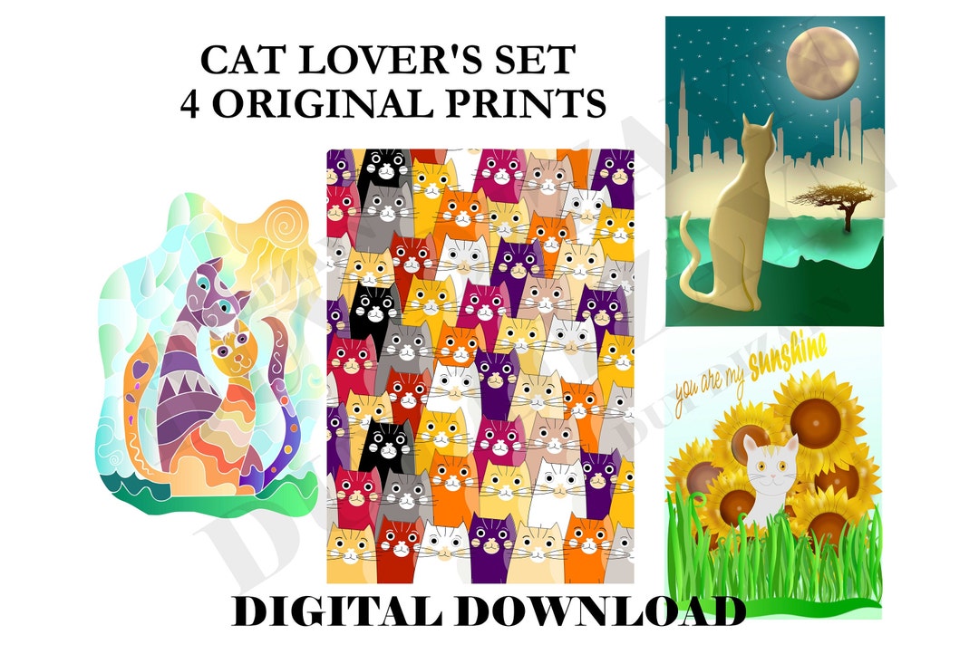 Set of 4 Printable for Cat Lovers | Cool and Original Portrait Digital ...