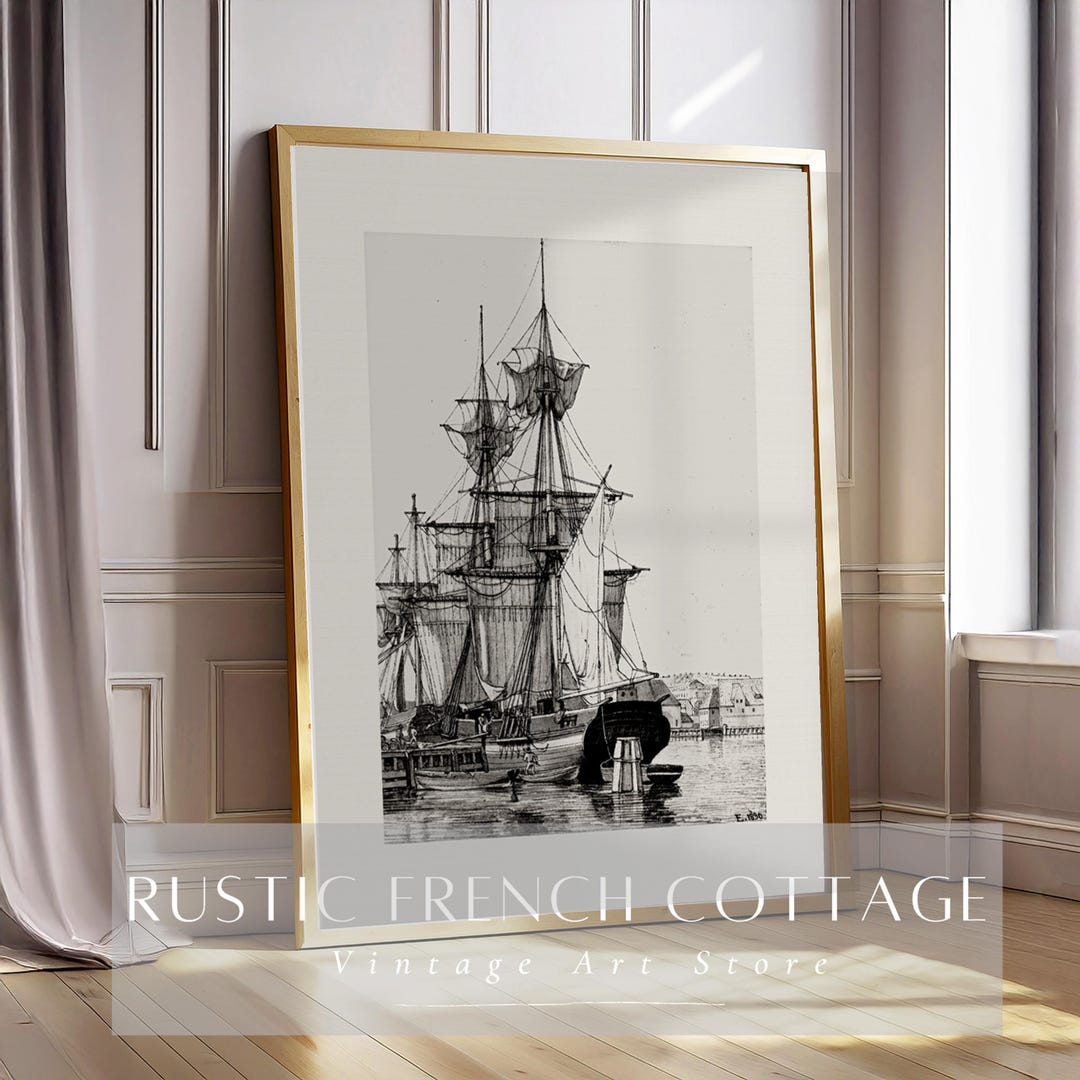 Retro Ship Line Drawing | Minimal Boat Art Print | Masculine Vintage ...