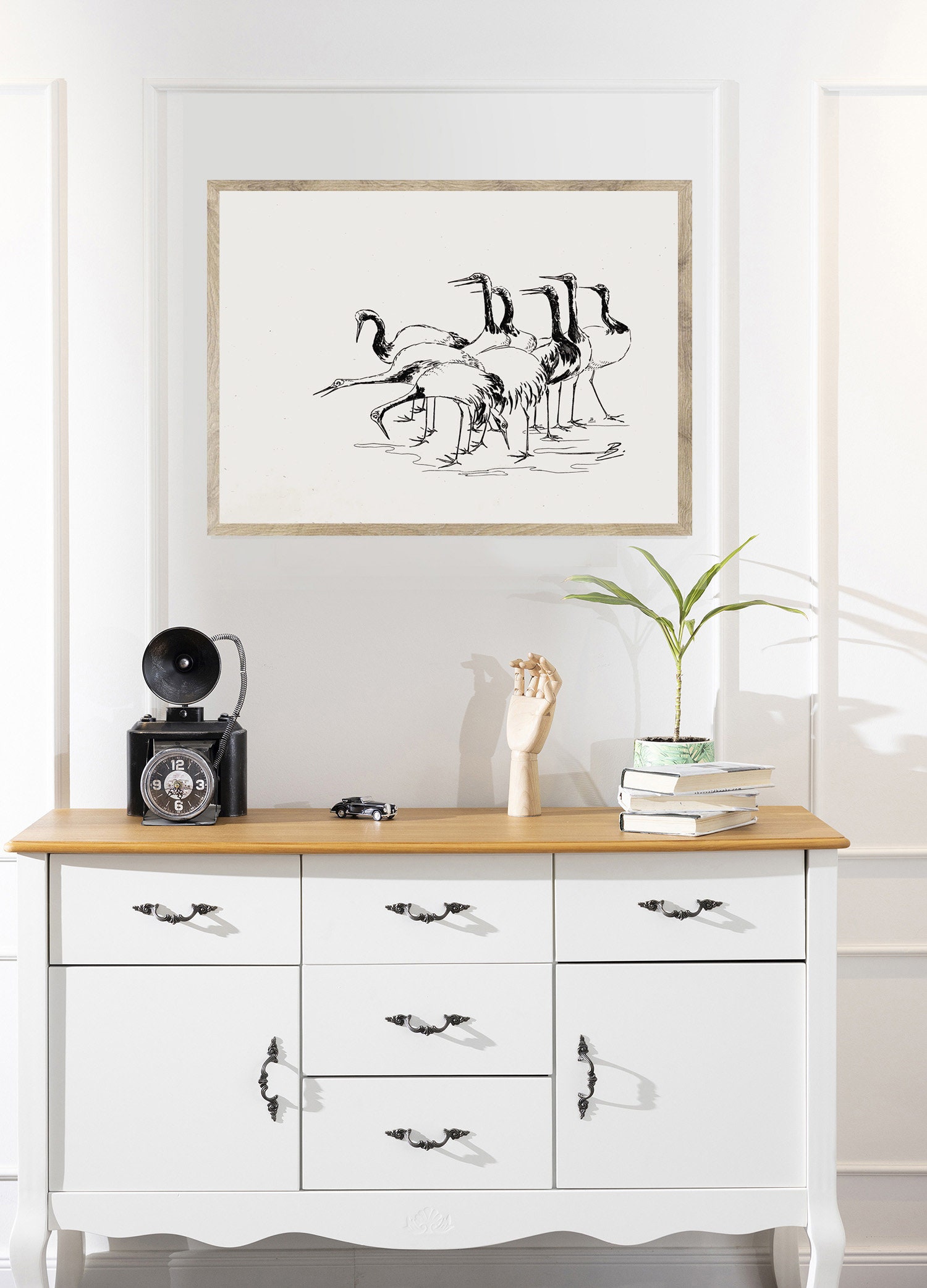 Neutral Farmhouse Antique Sketch Print | Vintage Crane Flock Drawing ...