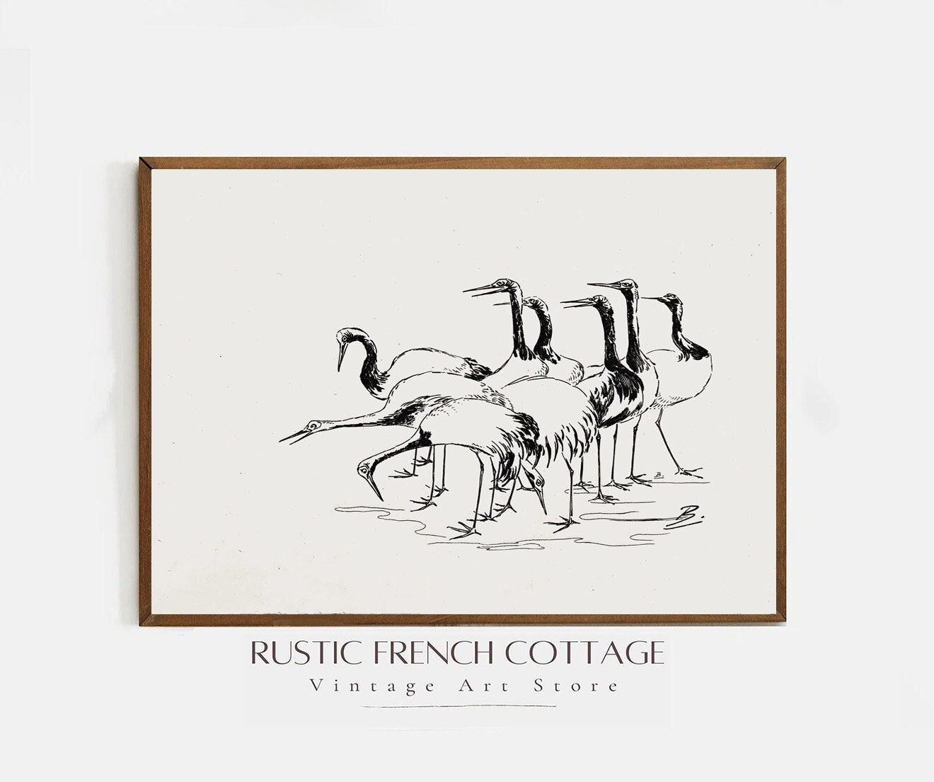 Neutral Farmhouse Antique Sketch Print | Vintage Crane Flock Drawing ...
