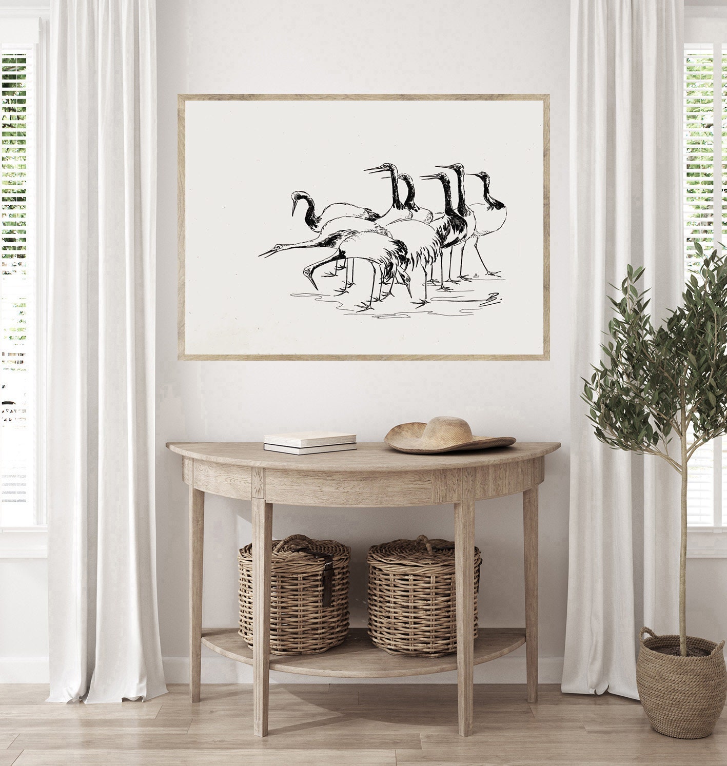 Neutral Farmhouse Antique Sketch Print | Vintage Crane Flock Drawing ...