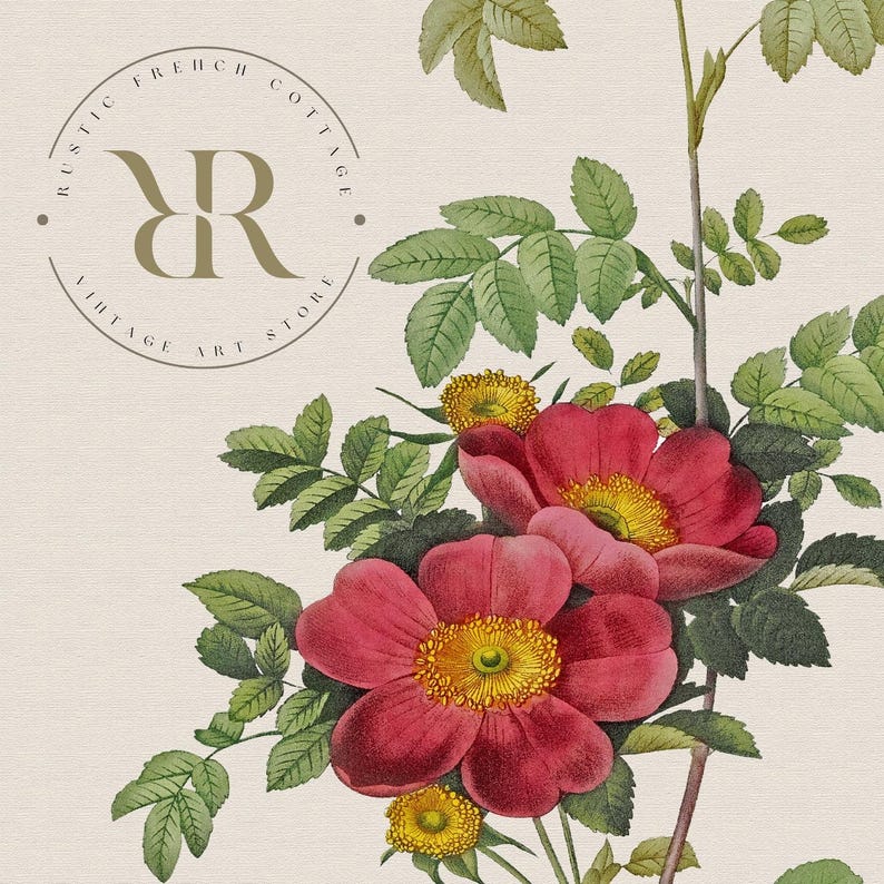 Rustic Red Roses Printable | Vintage Floral Download Art | Farmhouse ...