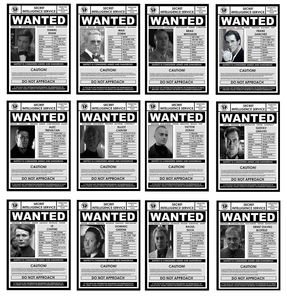 James Bond Wanted Posters Collection A3 A4 Size - Goldfinger, Blofeld ...