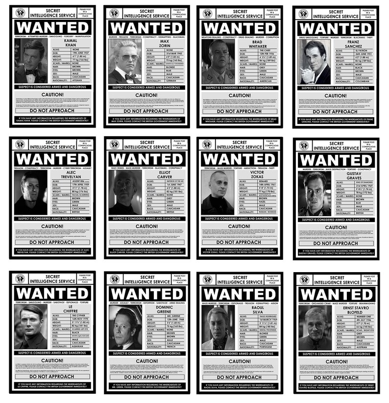 James Bond Wanted Posters Collection A3 A4 Size - Goldfinger, Blofeld ...