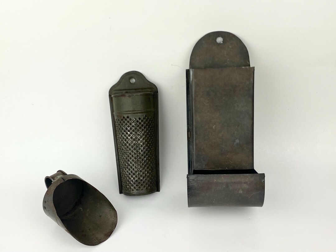 3 Piece Lot of Vintage / Antique Tin Primitive Kitchen Home Decor Match ...