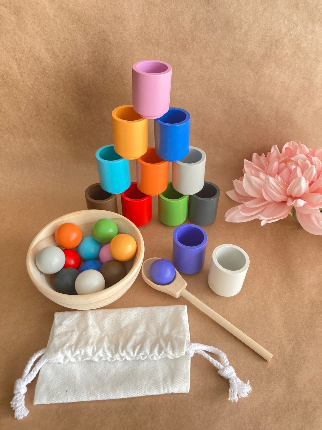 Balls in Cups Montessori Game Wooden Sorting Game 12 Balls 30 Mm Age 1 ...