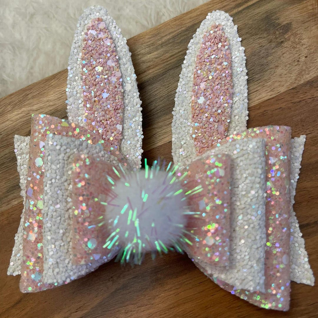 Easter Bunny Ears and Fuzzy Tail Hair Bow – White and Pink Sparkly Bow ...