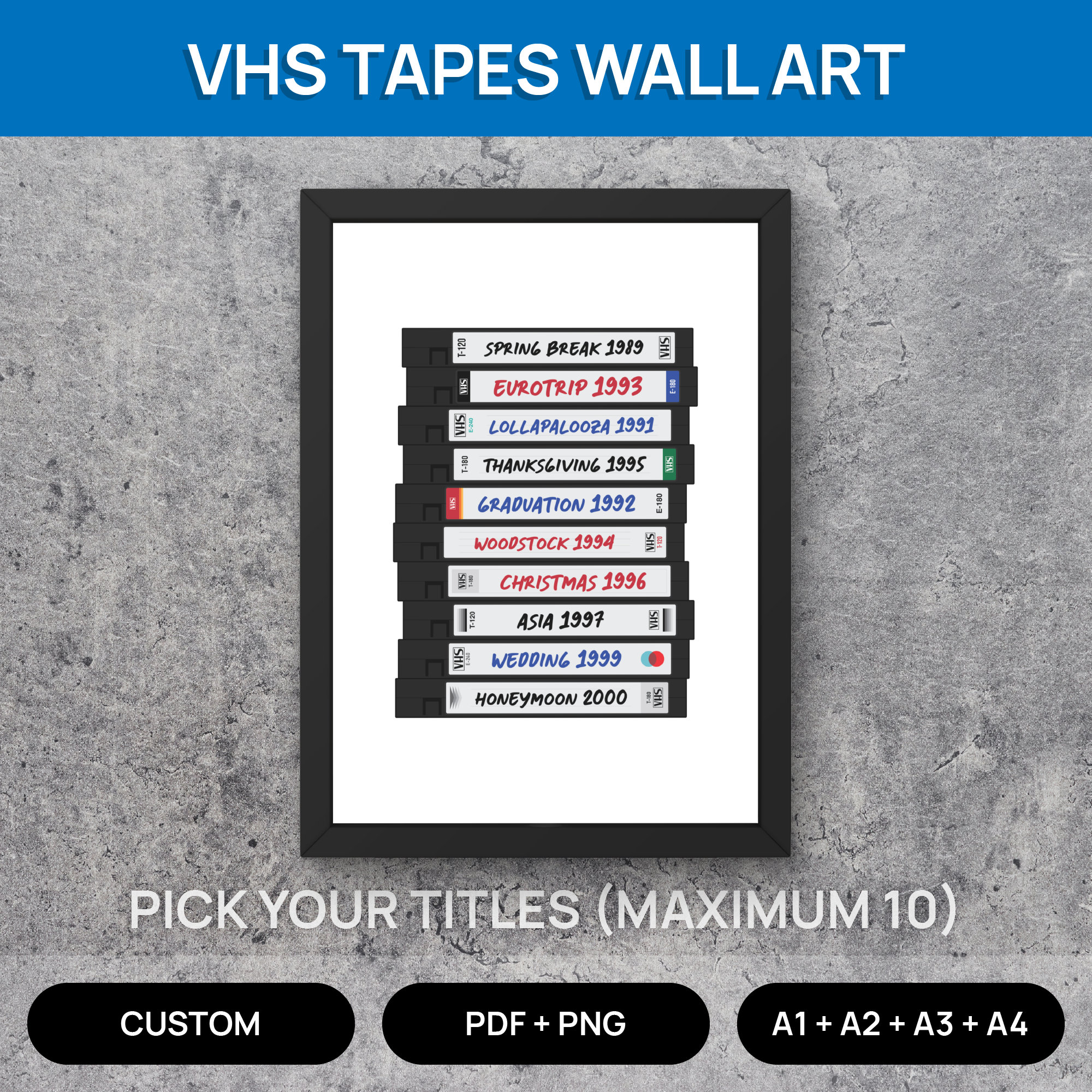 Printable Wall Art VHS Tapes Custom Title Movie Video Recording Table ...