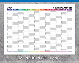 Printable 2024 Year Planner V2 Months in Rows Landscape Calendar ...