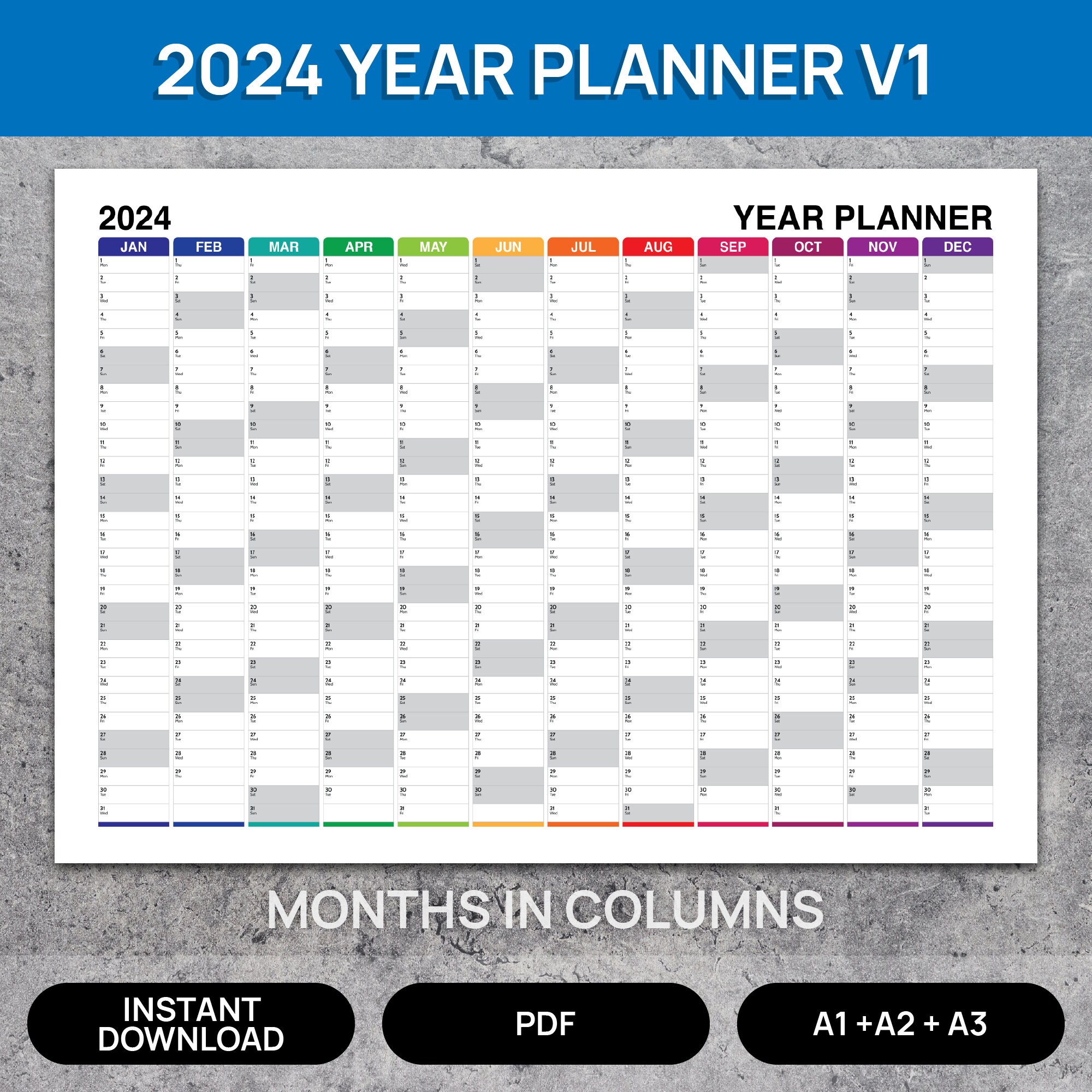 Printable 2024 Year Planner V1 Months in Columns Landscape Calendar ...