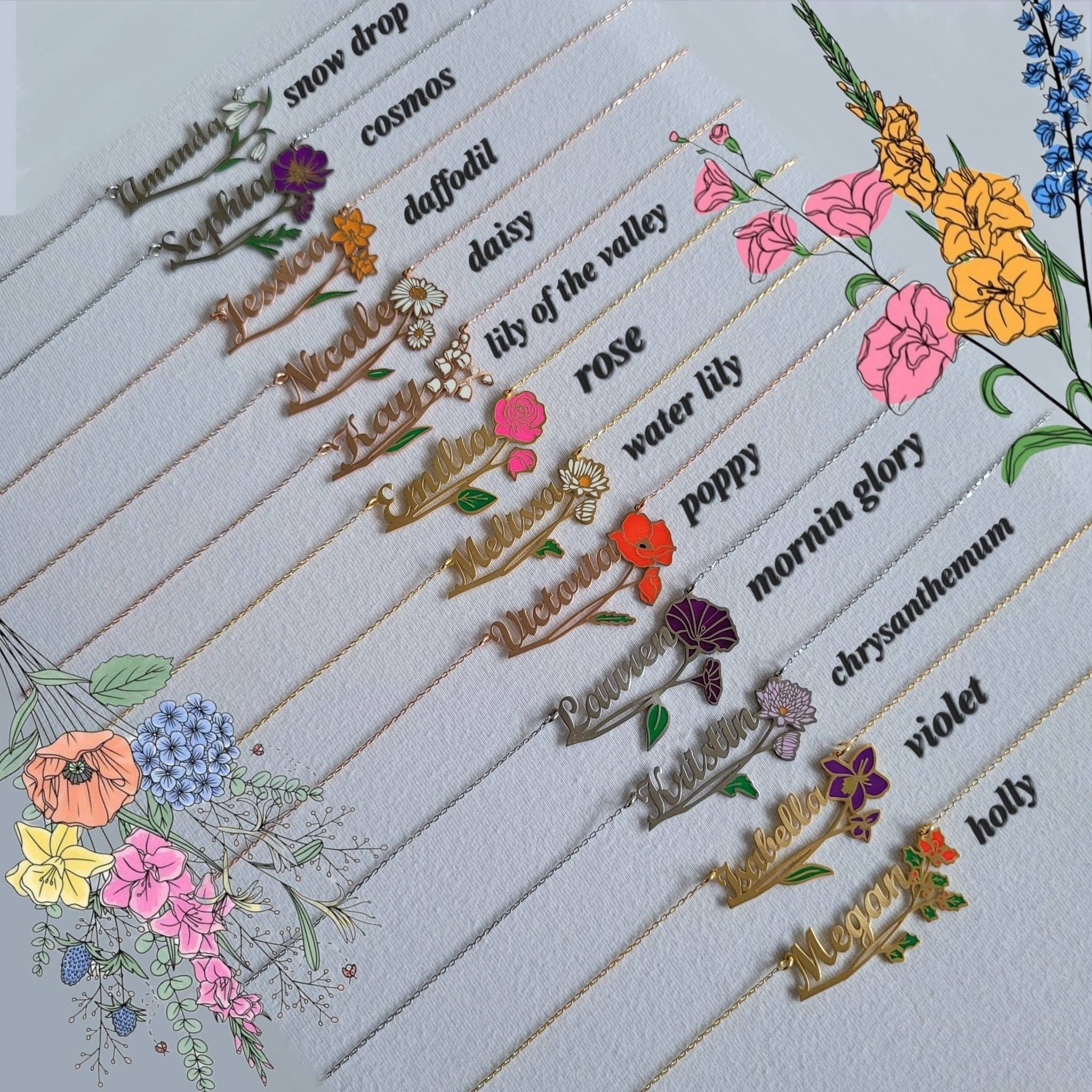 Dainty Name Necklace With Birth Flower, Personalized Name Necklace ...