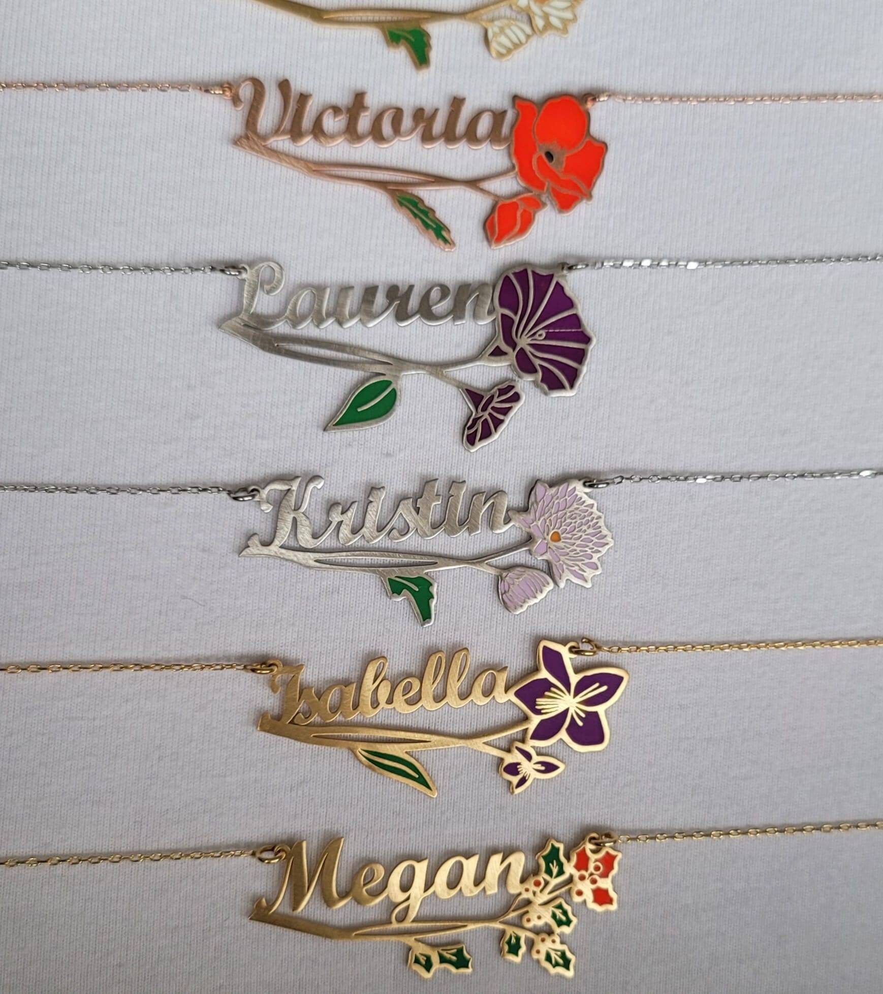 Dainty Name Necklace With Birth Flower, Personalized Name Necklace ...
