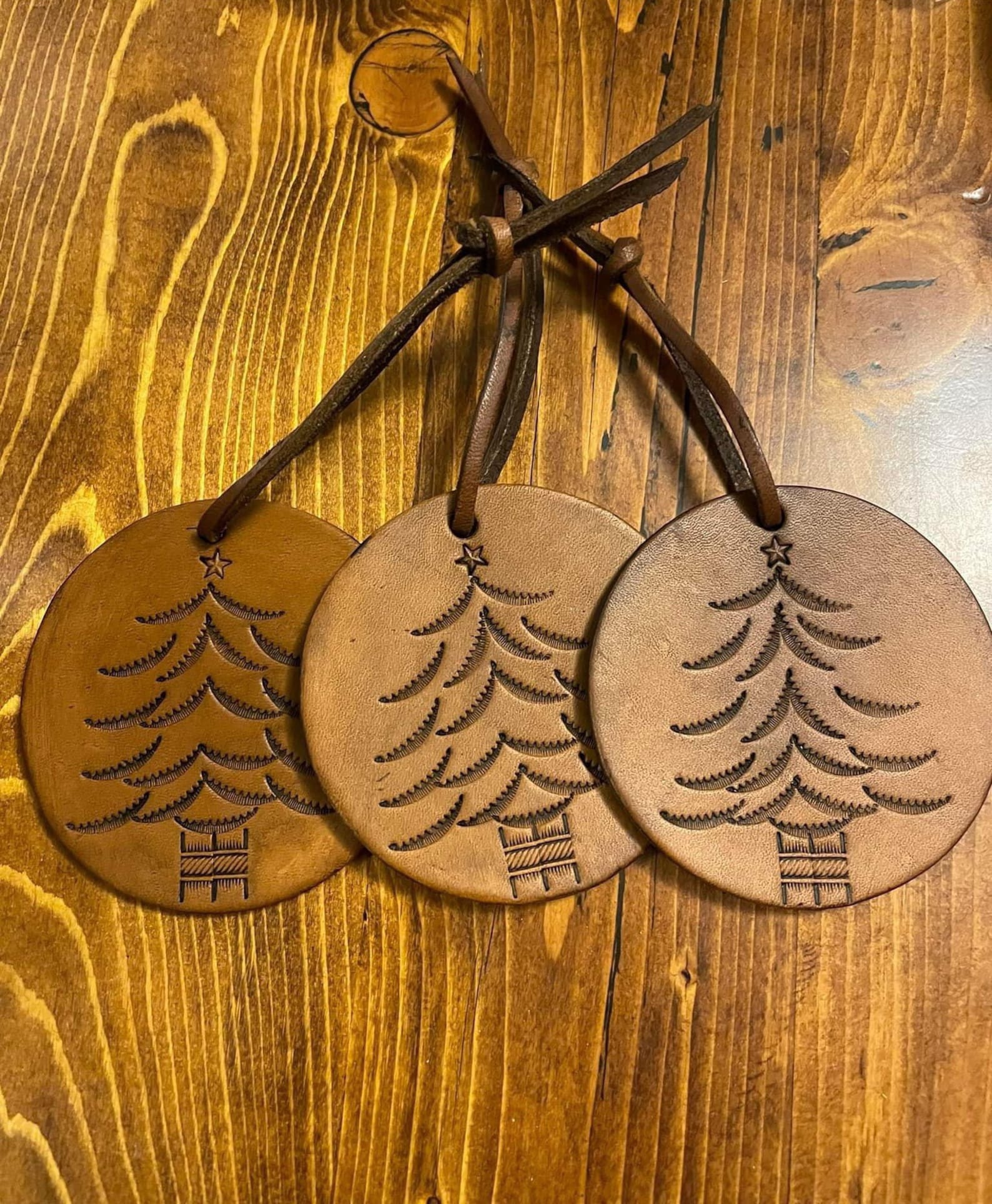 Round Leather Tree Ornament - Etsy