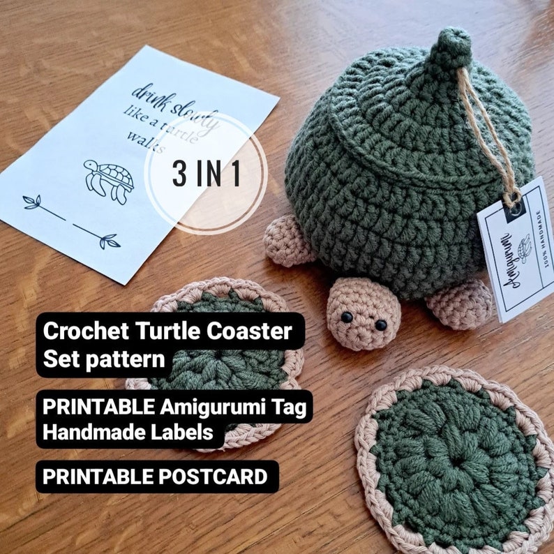 Crochet Turtle Coaster Set Pattern, PRINTABLE Amigurumi Tags, Handmade ...