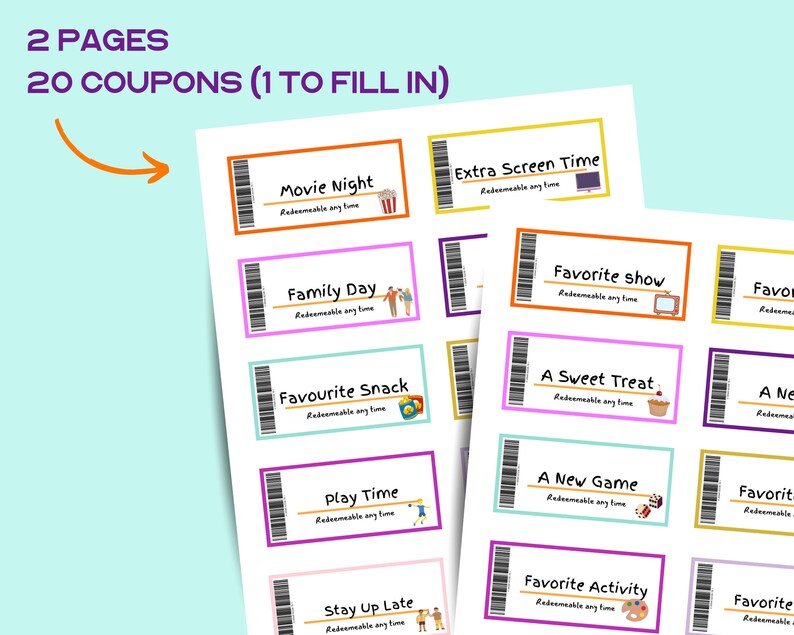 Printable Kids Reward Coupons Downloadable Incentives 20 Coupons for ...