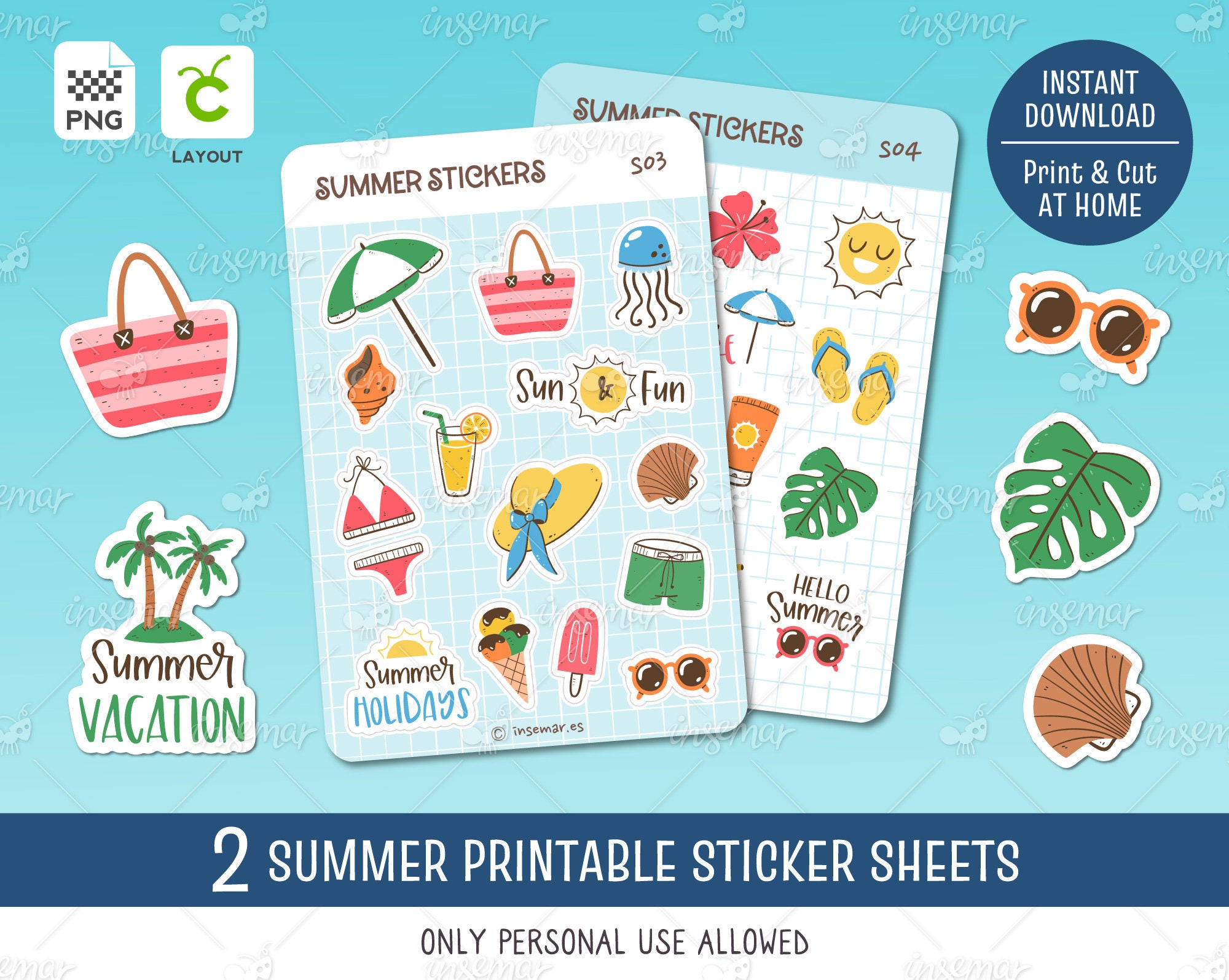 Summer Printable Stickers Planner Stickers Cricut Design Print & Cut at ...
