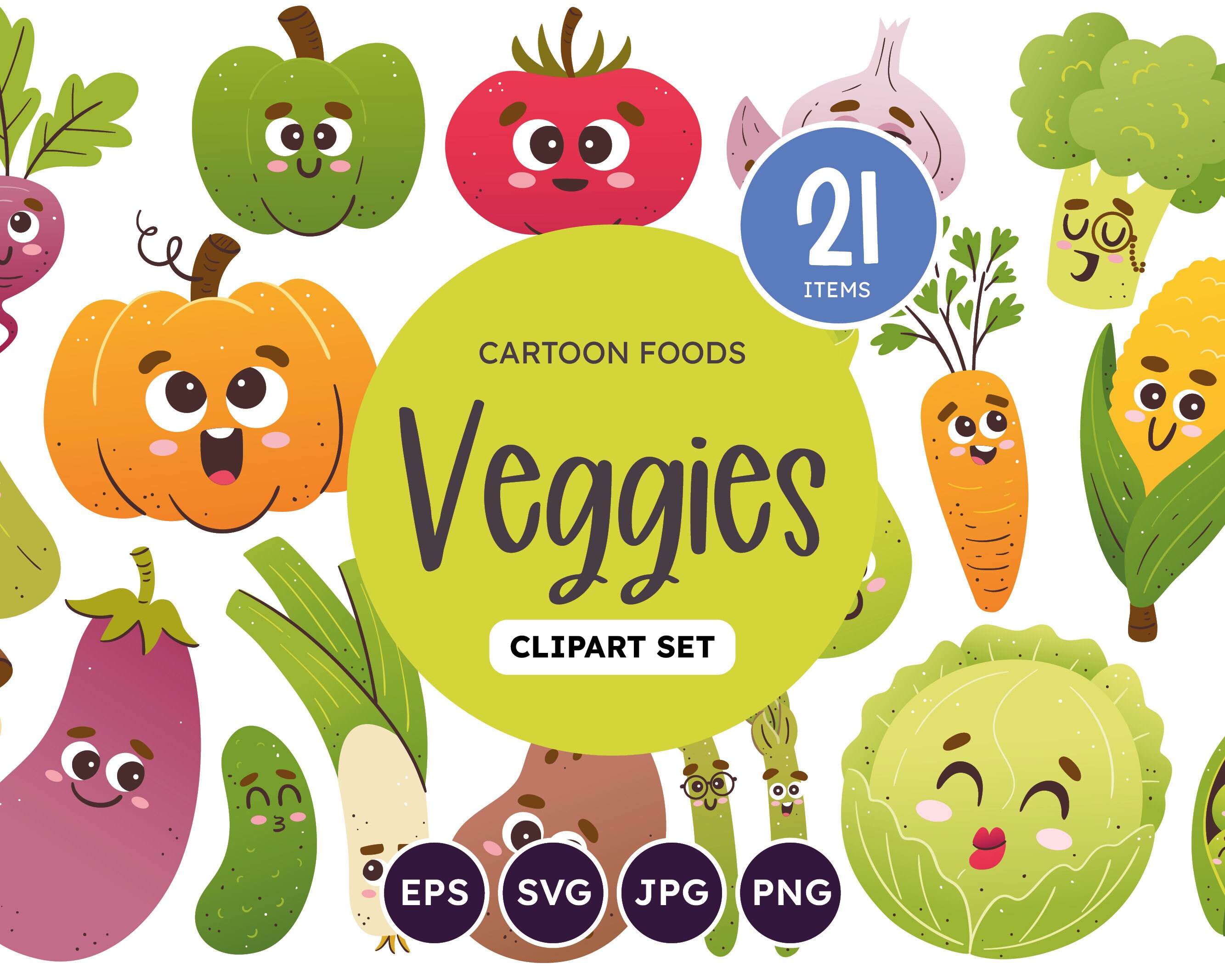 Veggies Clipart Set, Cartoon Vegetables, Cute Vegan Collection ...