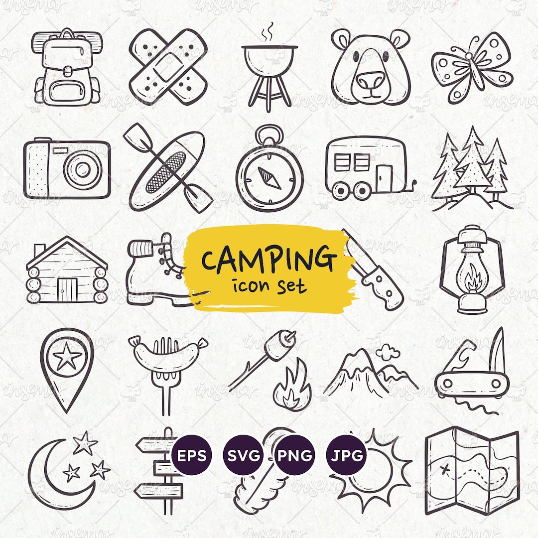 Camping Doodle Icons: Hand-drawn Outdoor Activities Vector Graphics ...