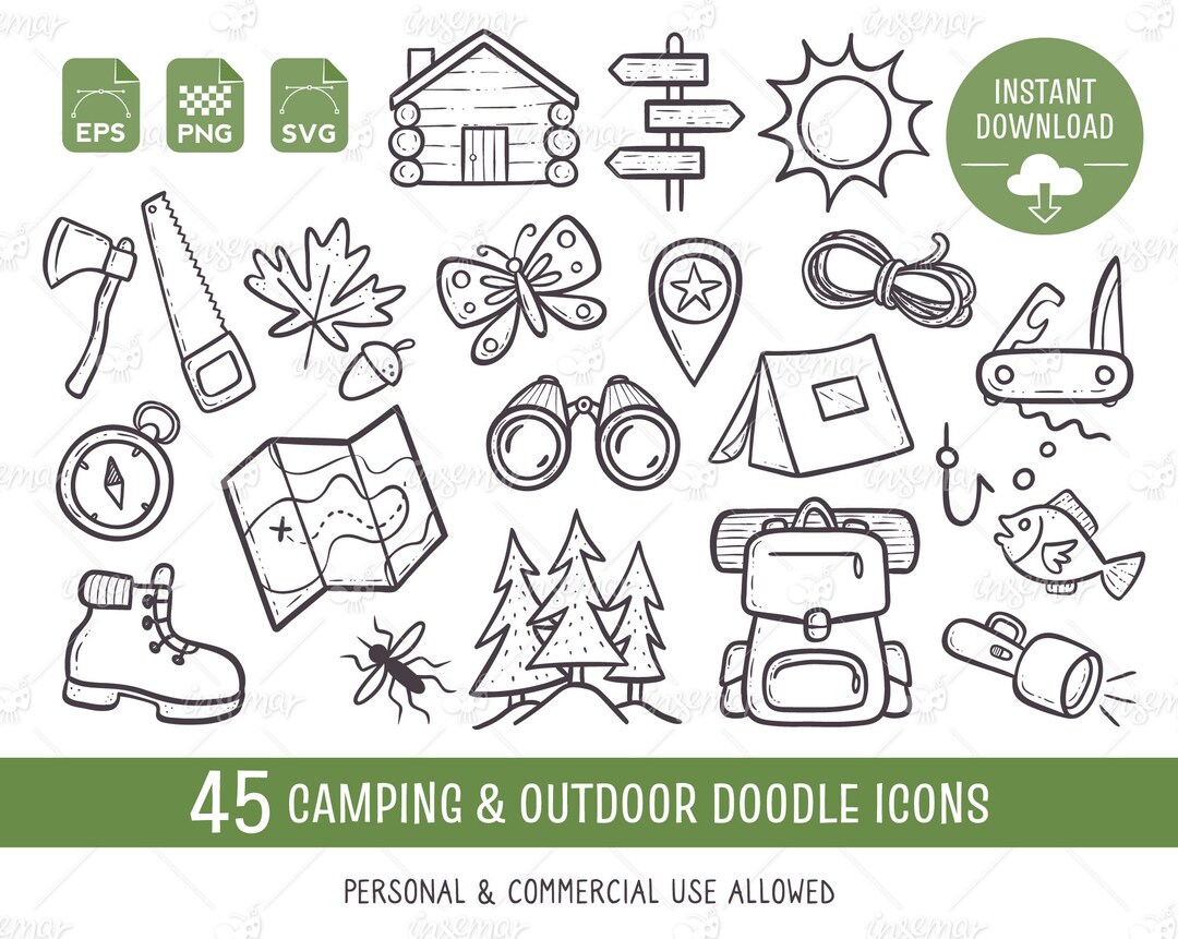 Camping & Outdoor Doodle Icon Set Adventure EPS Vector - Etsy