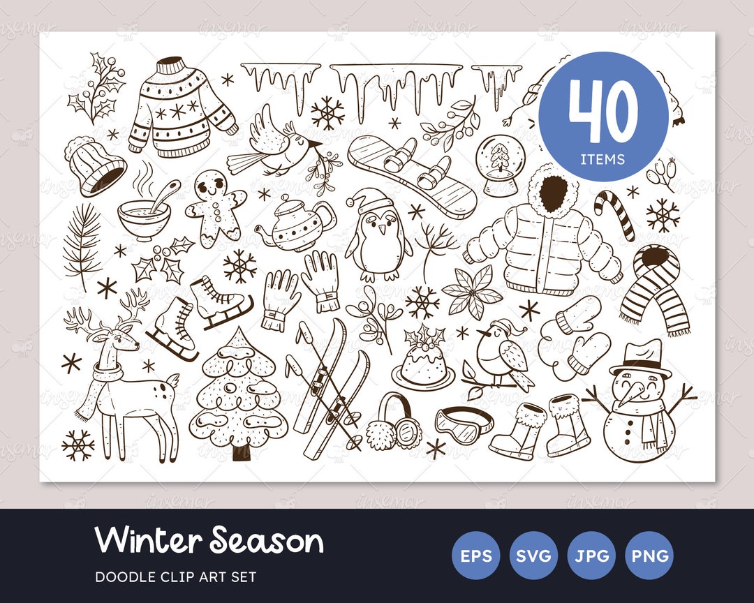 Winter Doodle Clip Art Set, Seasonal Objects, Cold Weather Illustration ...