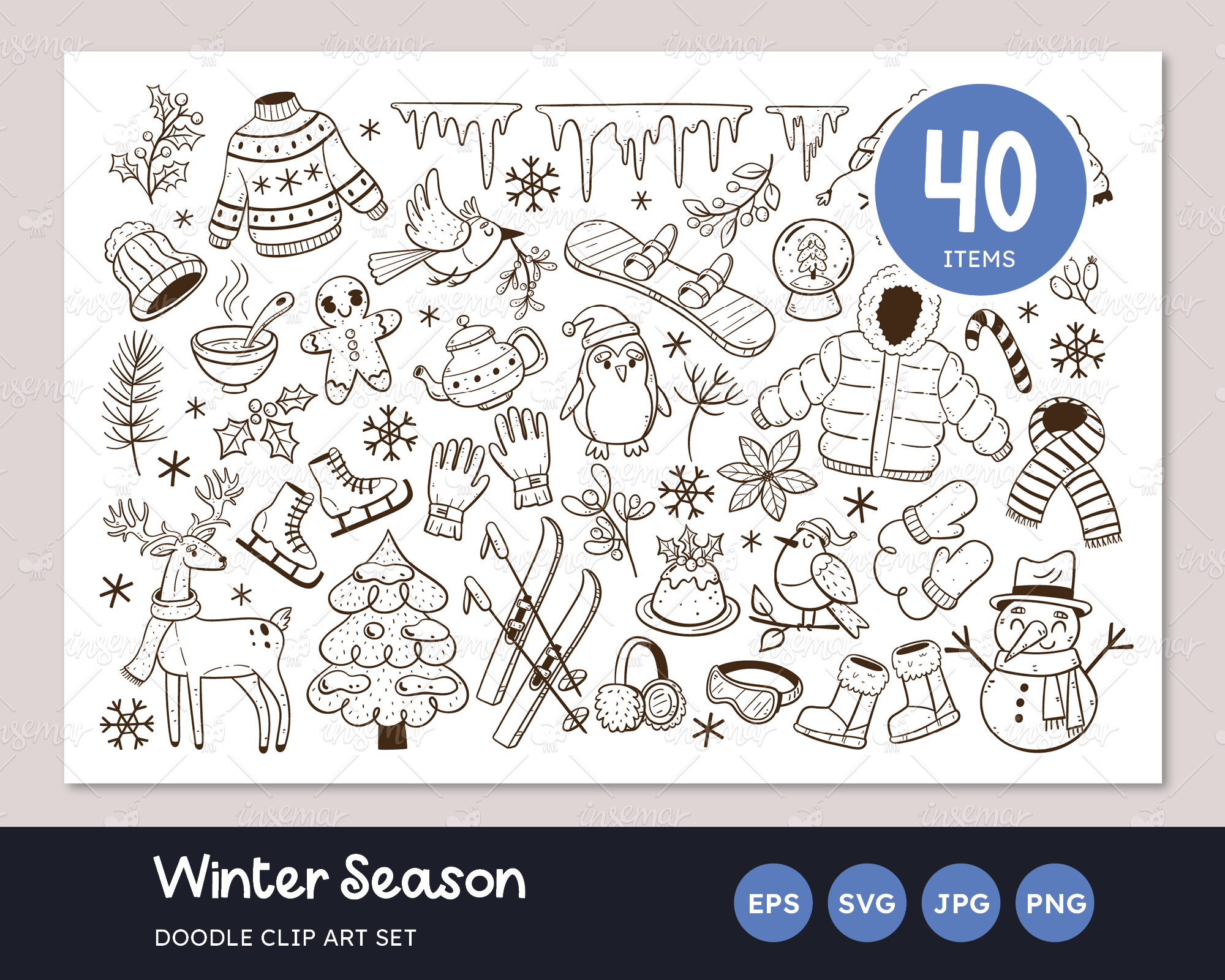 Winter Doodle Clip Art Set, Seasonal Objects, Cold Weather Illustration ...