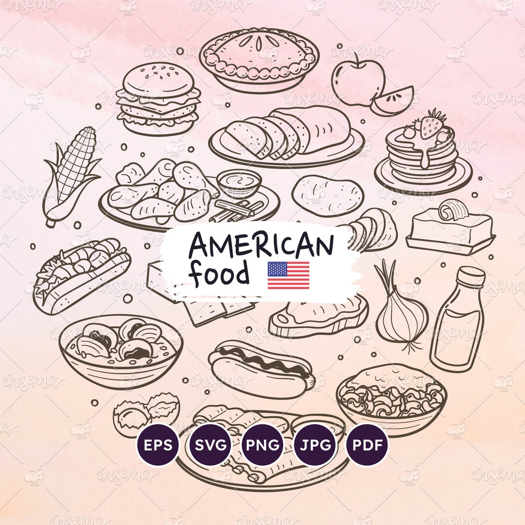 American Food Icons. Typical USA Food & Ingredients. SVG Vector Doodles ...