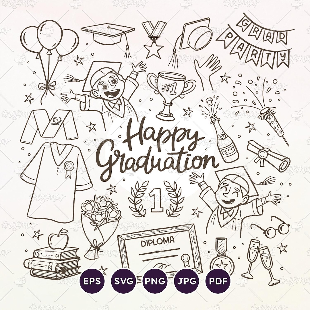 Graduation Clip Art. Hand-drawn End of Class Line Art Doodles - Etsy
