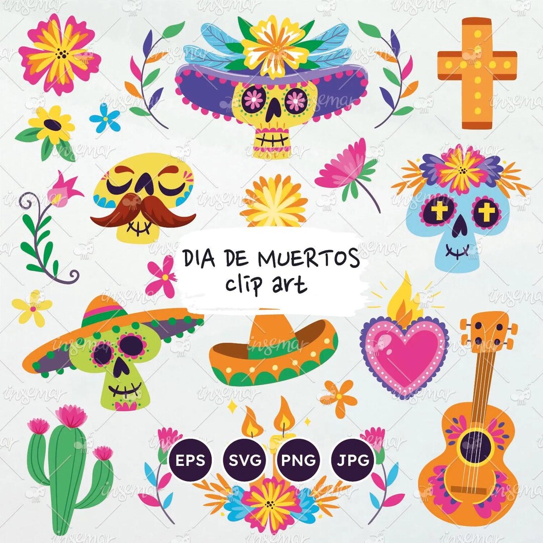 Día De Muertos Clip Art: Sugar Skull, Catrina, Calaca (PNG, SVG, EPS ...